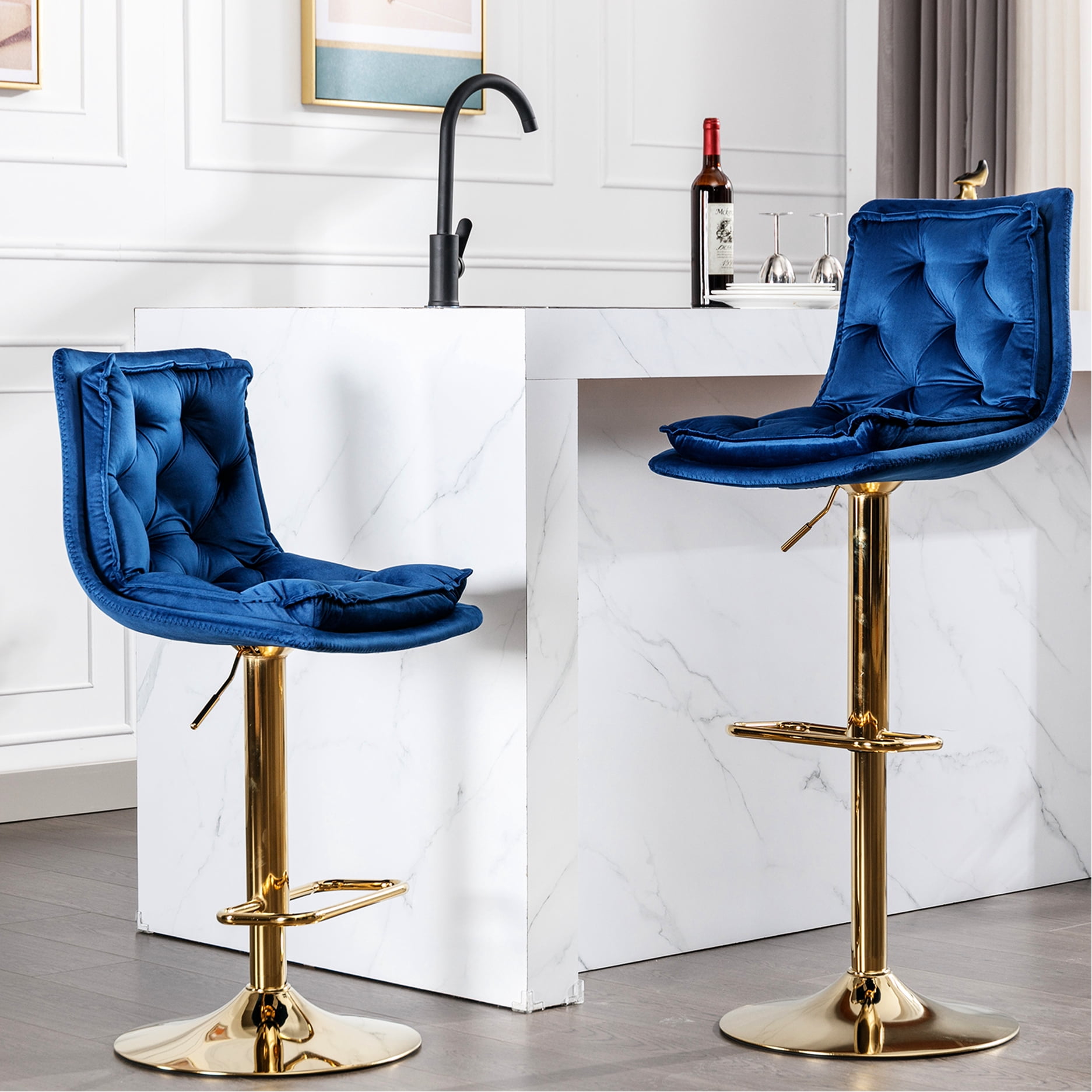 2 Bar Stools In Blue, With Velvet Seat And Footrest Base, Adjustable ...
