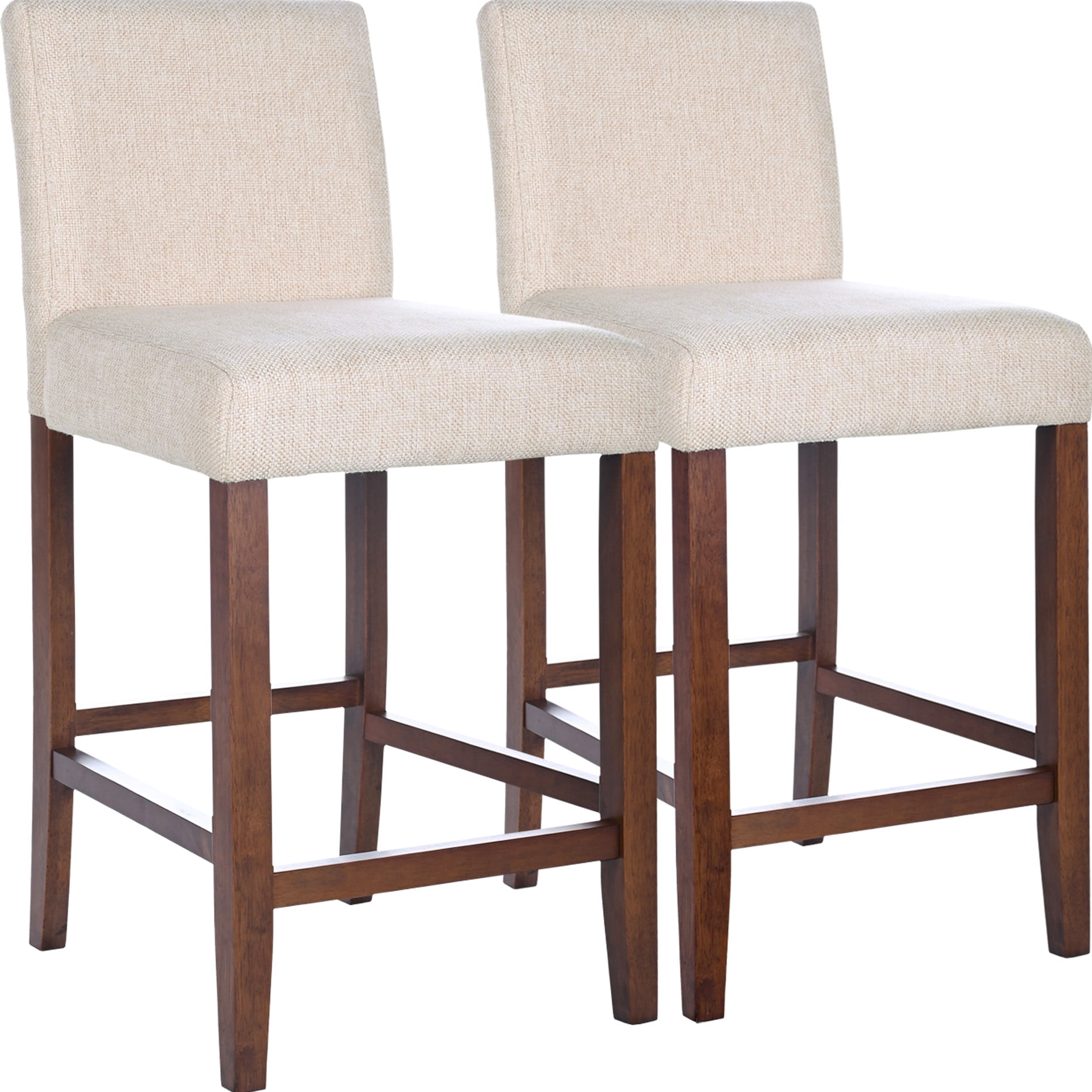 2 Beige Bar Stools - Solid Wood Frame, Linen Blend Fabric, Foam Fill ...