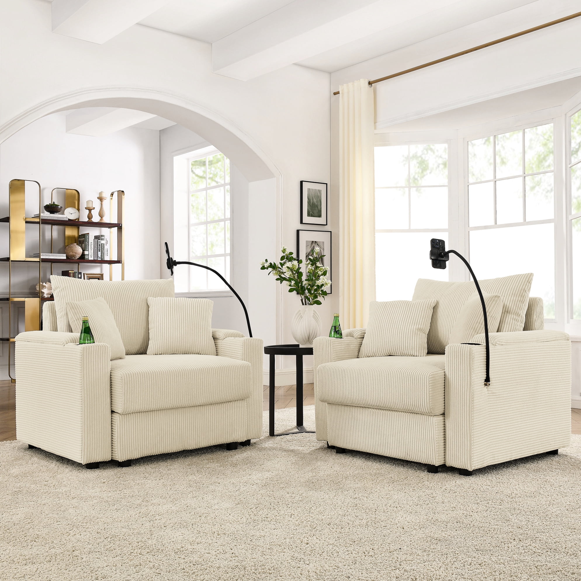 2 Beige Corduroy Accent Chair With Storage, Cup Holders & Phone Holder ...