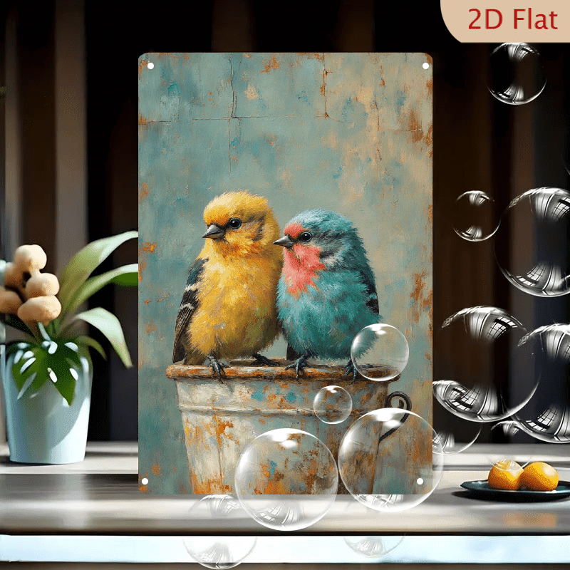 2 Birds on Rusty Bucket Fine Art Painting, 8x12 Inches Metal Wall Decor ...