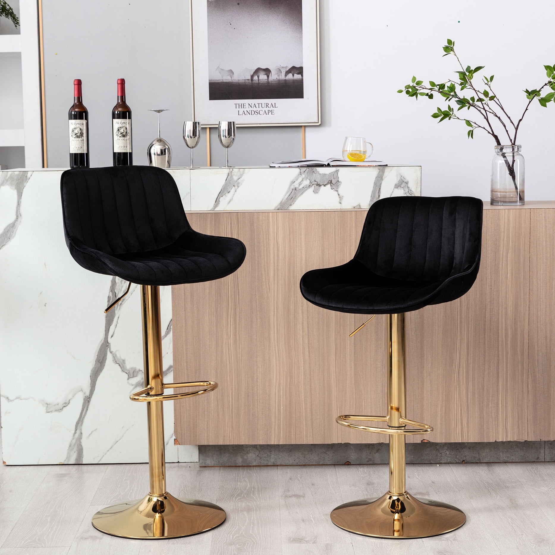 Of 2 Black Bar Stools With Footrest And Base, Mechanical Lifting ...