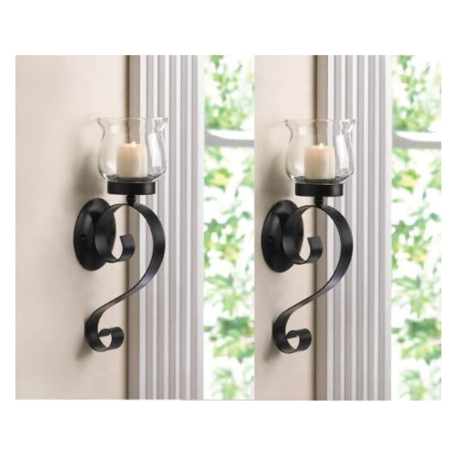2 Black Iron Artisanal Sconce Wall Mount Garden Candle Holder Set Pair ...