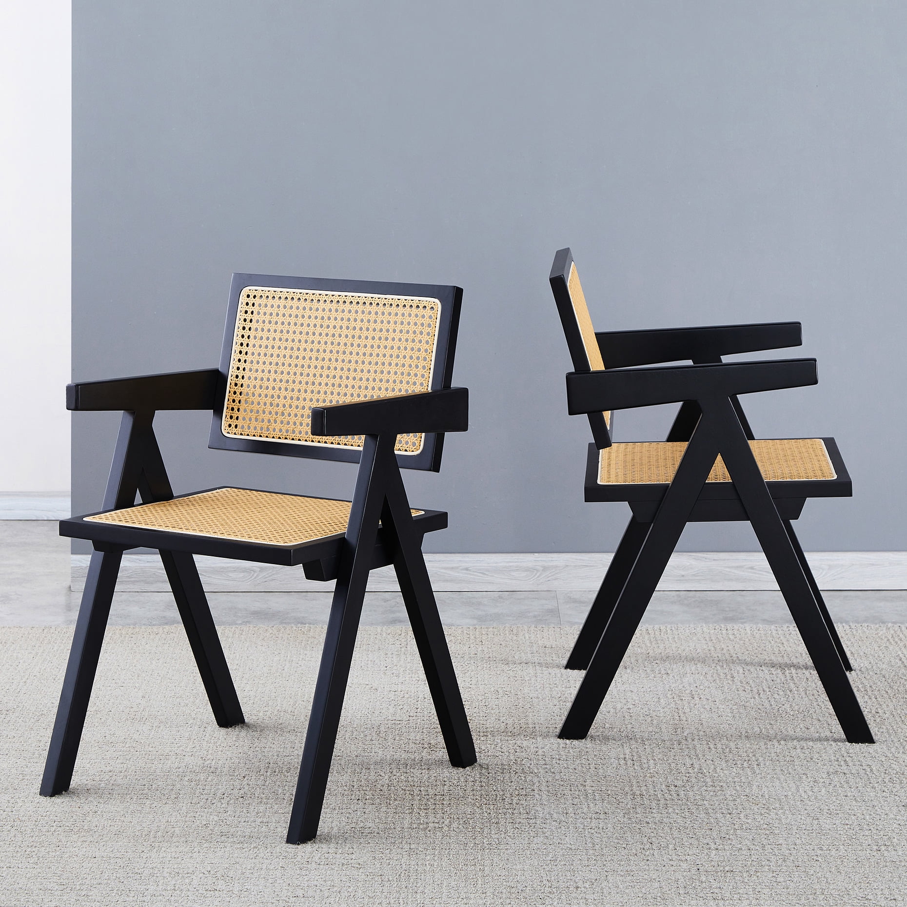 2 Black Living Room Chairs, Made Of Rubber Wood & Weave, Versatile For ...