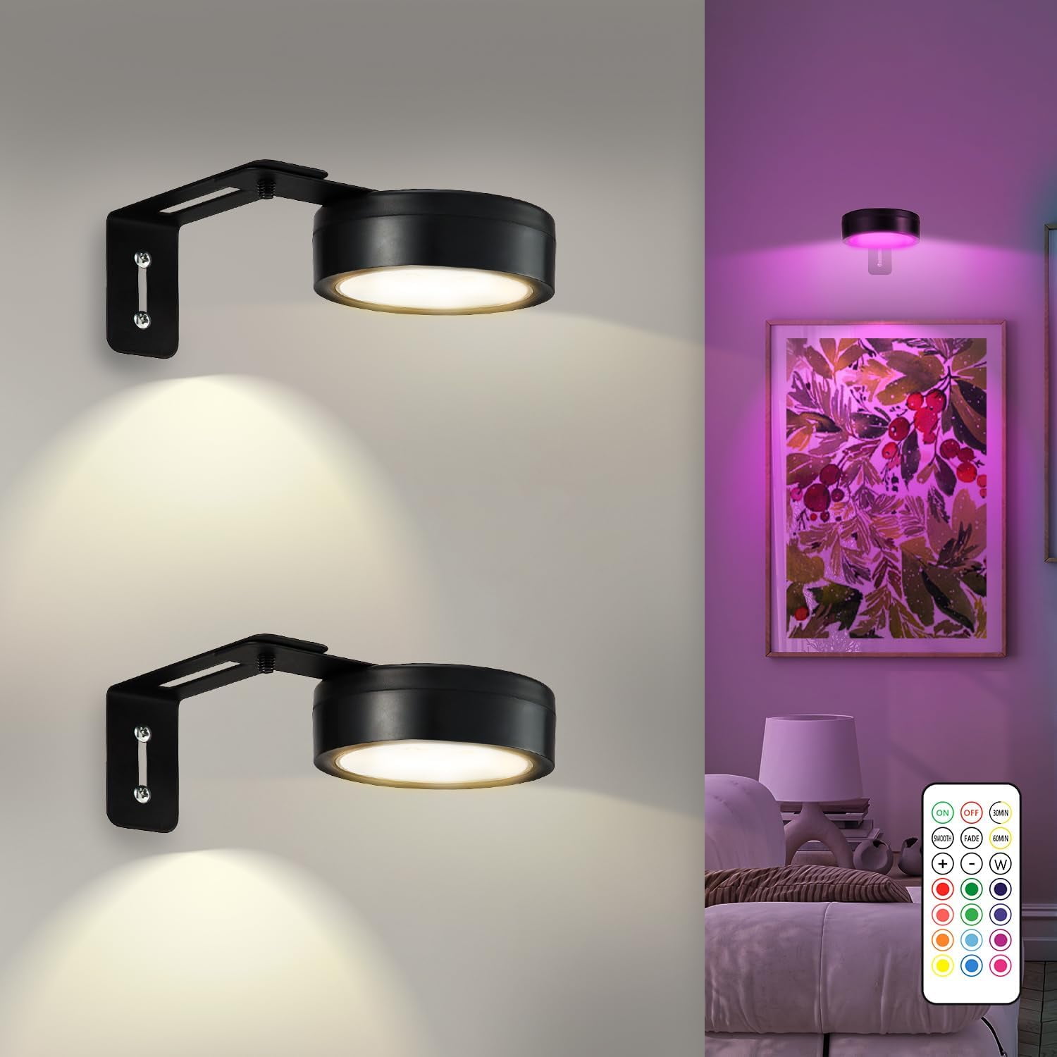 2 Black Picture Lights for Wall Operated, 12 Color Changing Wall Art ...