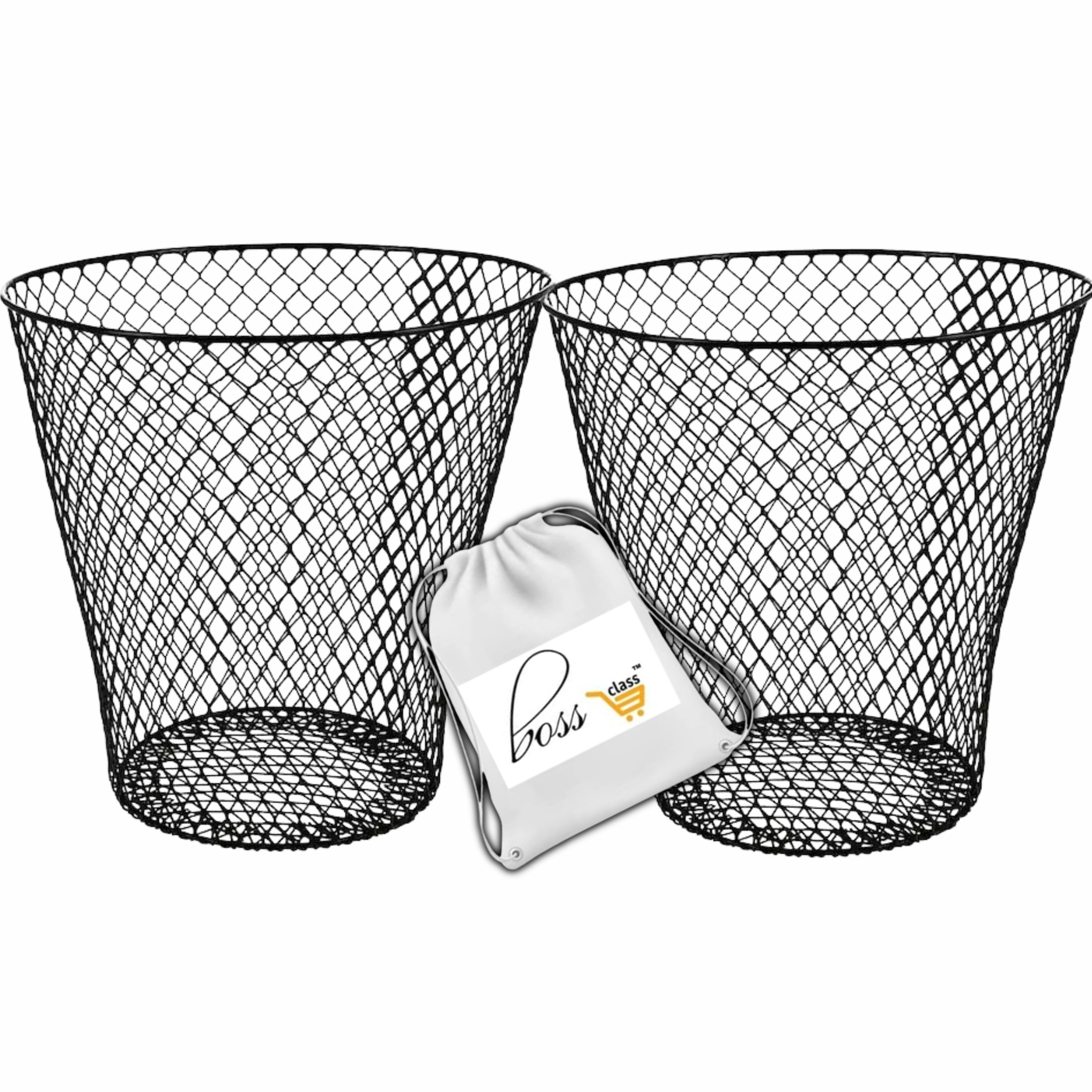 (2) Black Wire Mesh Round Waste Basket, 9in Lightweight Trash Can Open ...