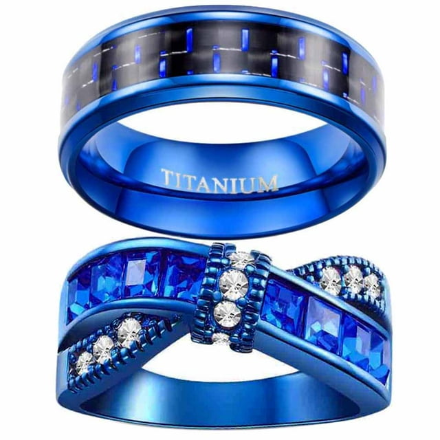 2 Blue Matching Rings Couple Ring 1CT AAA CZ Women Wedding Ring Female ...