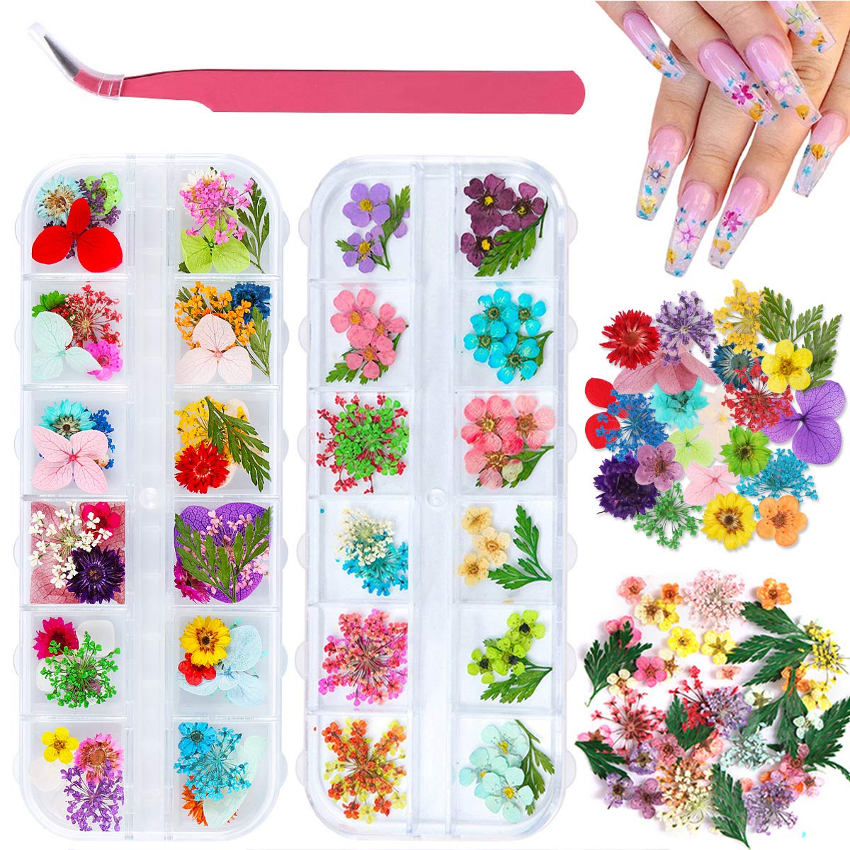 2 Boxes Dried Flowers for Nail Art, KISSBUTY Colors Dry Flowers Mini ...