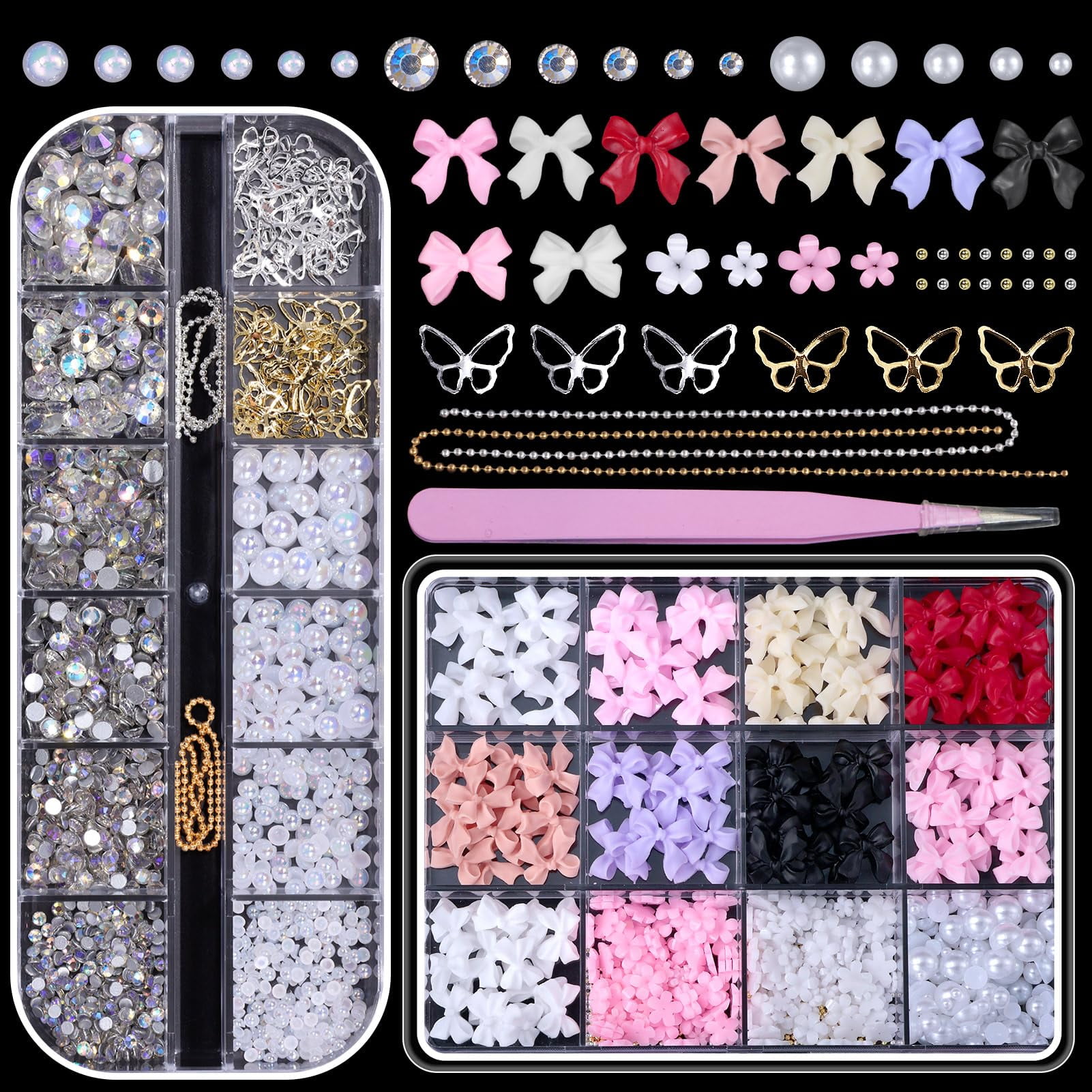 2 Boxes Mixed 3D Nail Charms and Rhinetones, Color Bows Bowknots ...