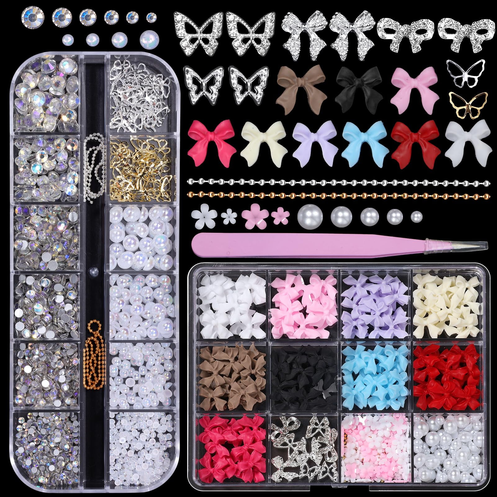 2 Boxes Mixed 3D Nail Charms and Rhinetones, Color Flower Bow Nail Art ...
