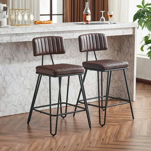 2 Brown Bar Stools | Black Metal Frame & PU Leather | Good Stability ...