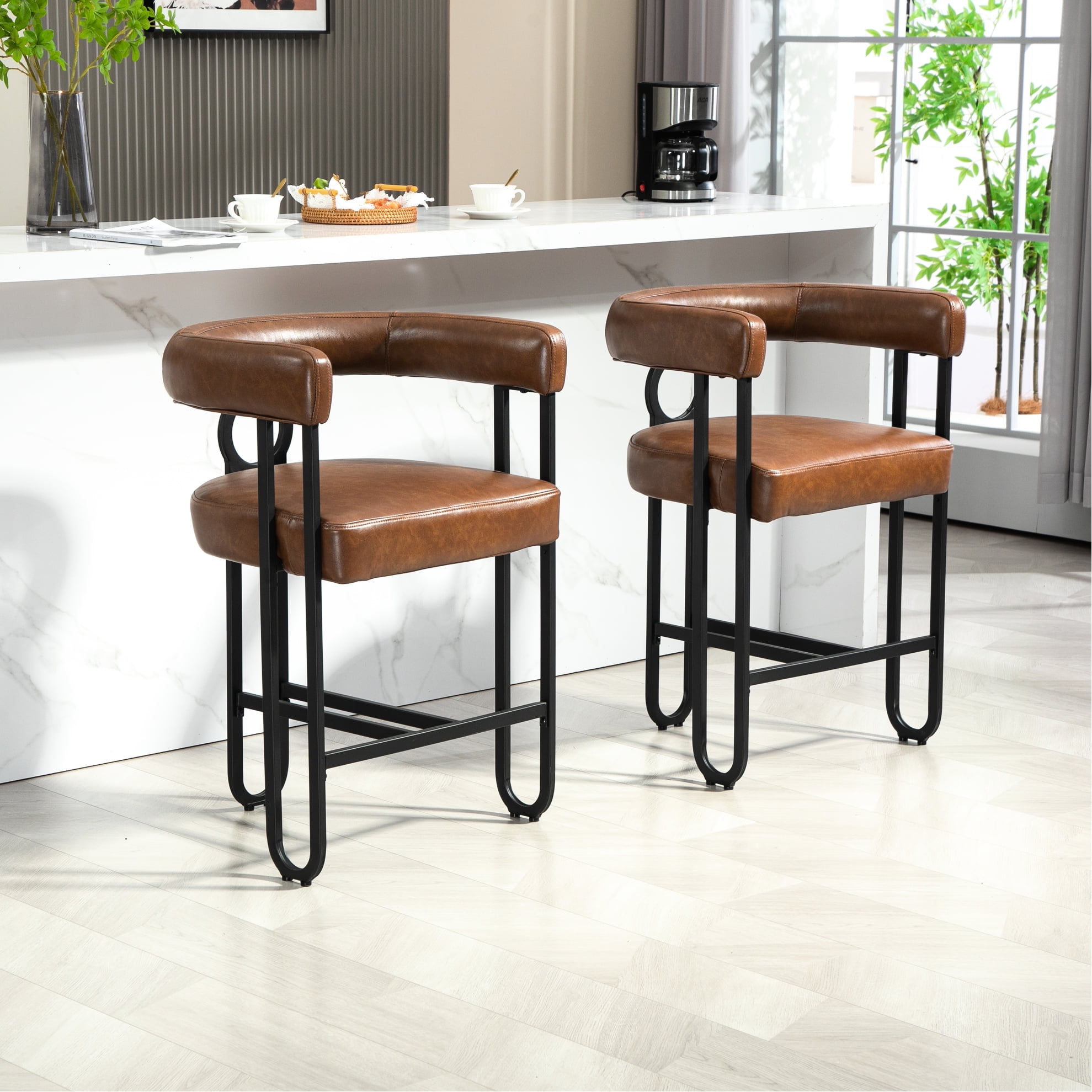 2 Brown Pu Bar Stools - Ergonomic , Black Metal Frame For Kitchen, Pub ...
