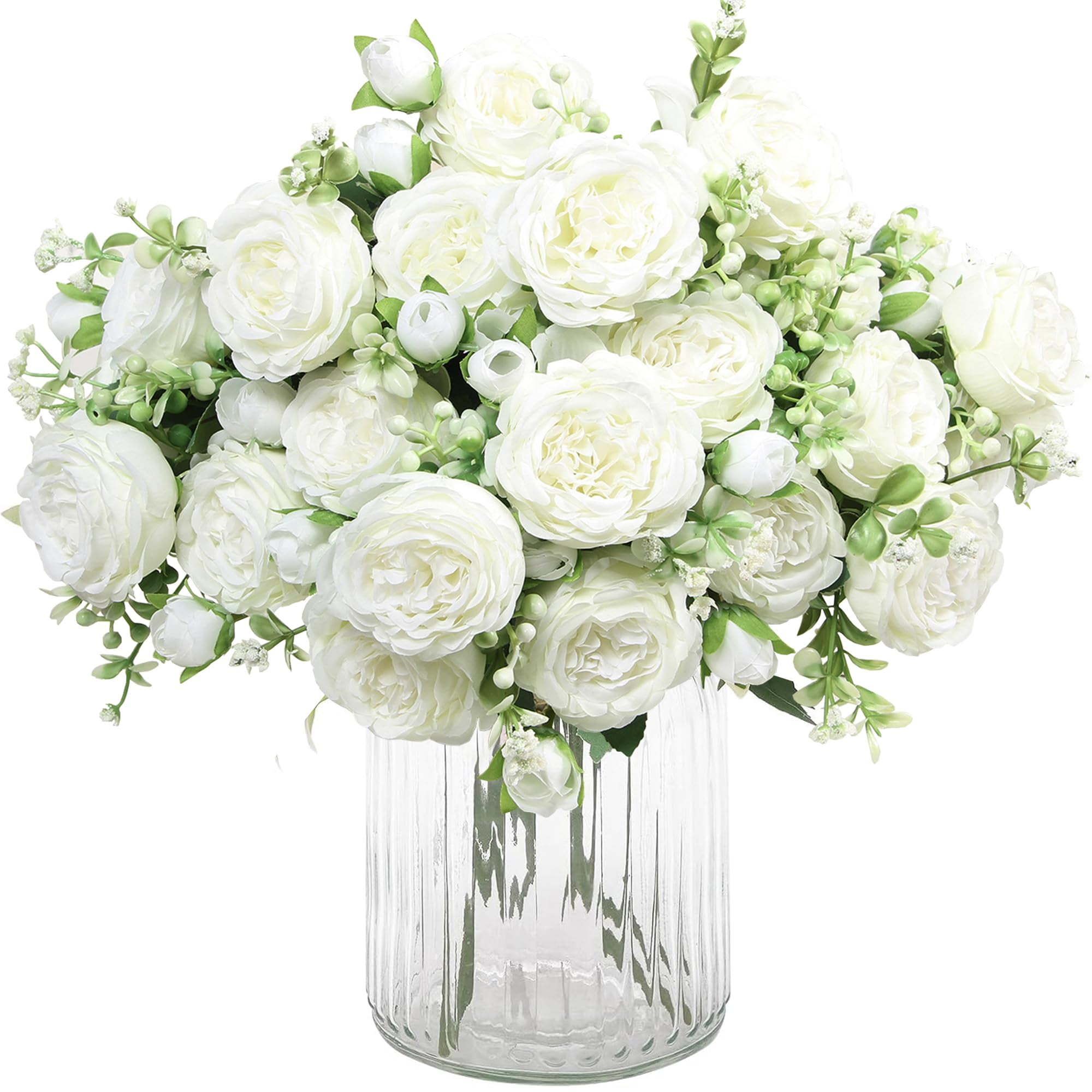 2 Bunches Artificial Peony Silk Flowers, White Faux Peonies Flower ...