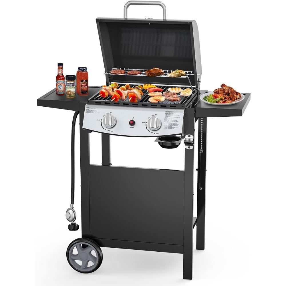2 Burner BBQ Propane Gas Grill, 20,000 BTU Stainless steel Gas Grill with Two Side Storage ...