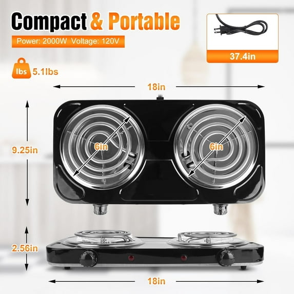 2-Burner Electric Stove with Dual Coil Heating Elements - Portable ...