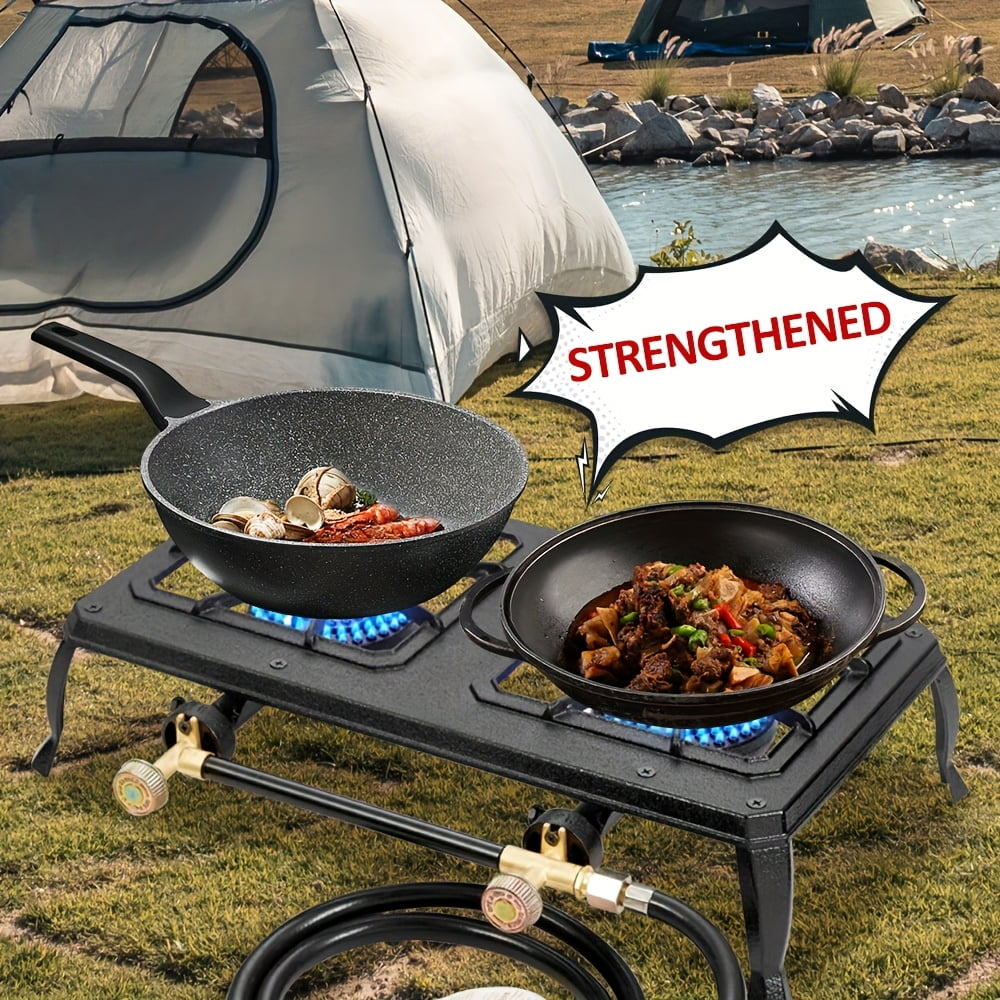 2-Burner Outdoor Propane Gas Stove, Cast Iron High-Pressure Cooker w ...