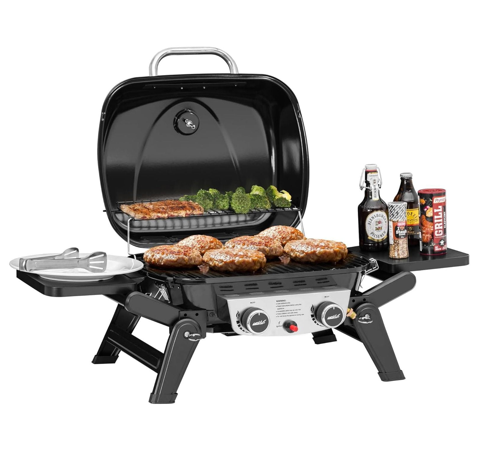 2-Burner Portable Propane Gas Grill with Foldable Side Tables and Legs, Outdoor Gas Grill with ...