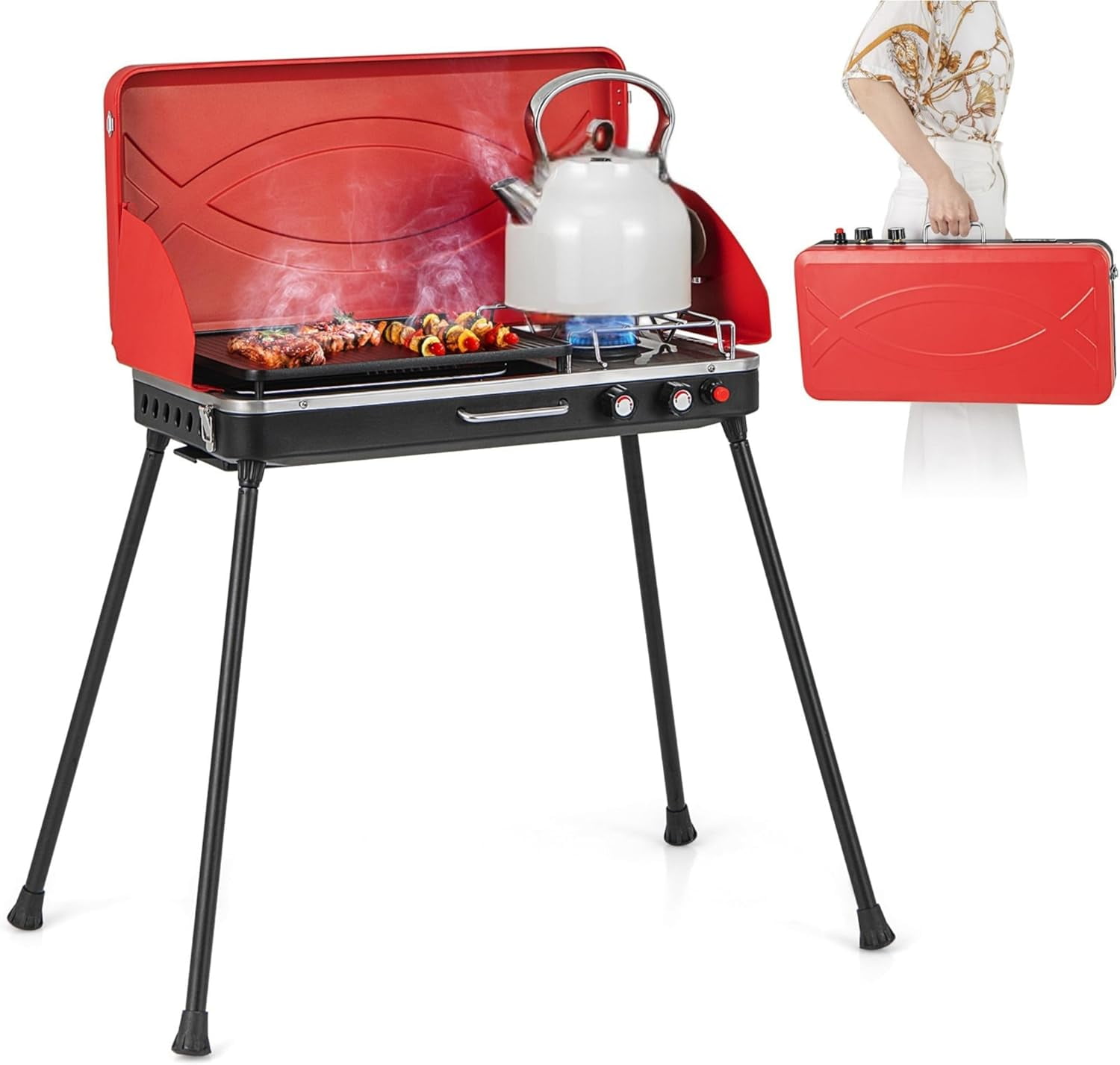 2-Burner Propane Camping Stove, Portable Camp Grill w/Roast Grill, 3 ...