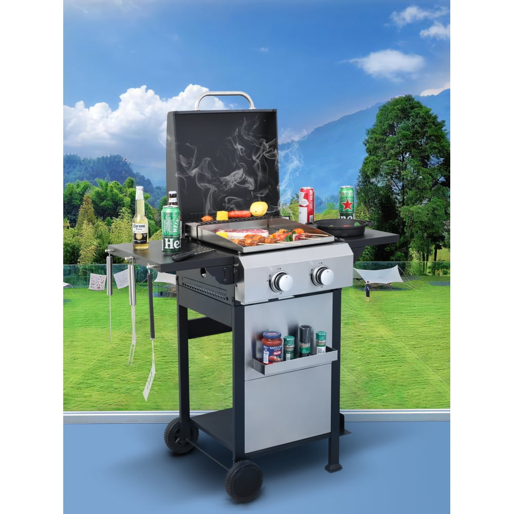 2-Burner Propane Gas BBQ Grill, SS Plancha, 24600BTU Output With Wire ...