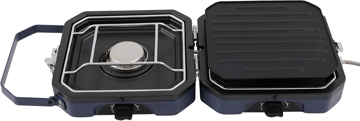 2-Burners Portable Camping Stove with Grill Pan Foldable Outdoor Gas ...