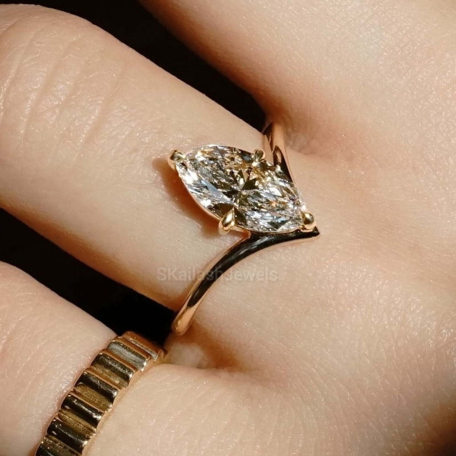 2 CT Marquise Engagement Ring Moissanite Diamond Bridal Ring V Shape ...