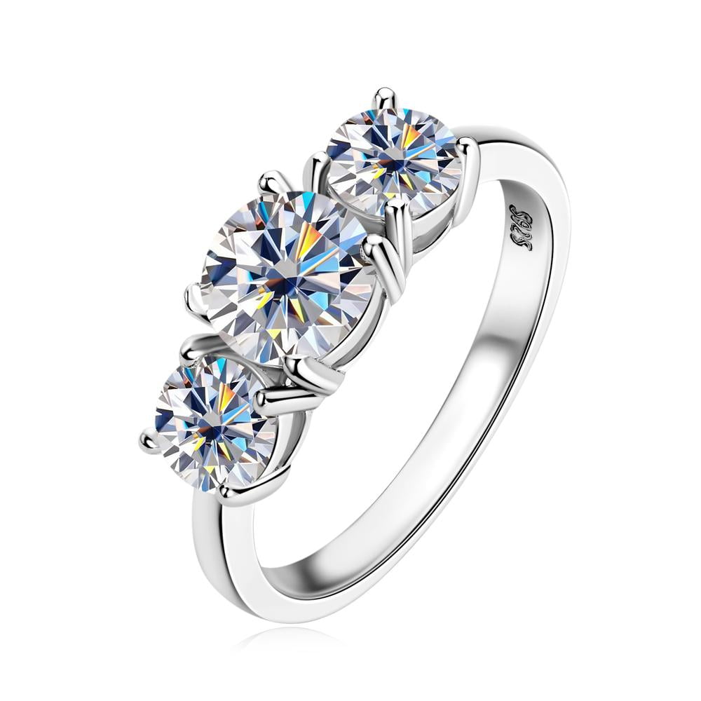 2 CT Moissanite Engagement Ring, 3-stone Wedding Band for Women 925 Sterling Silver Round Cut ...