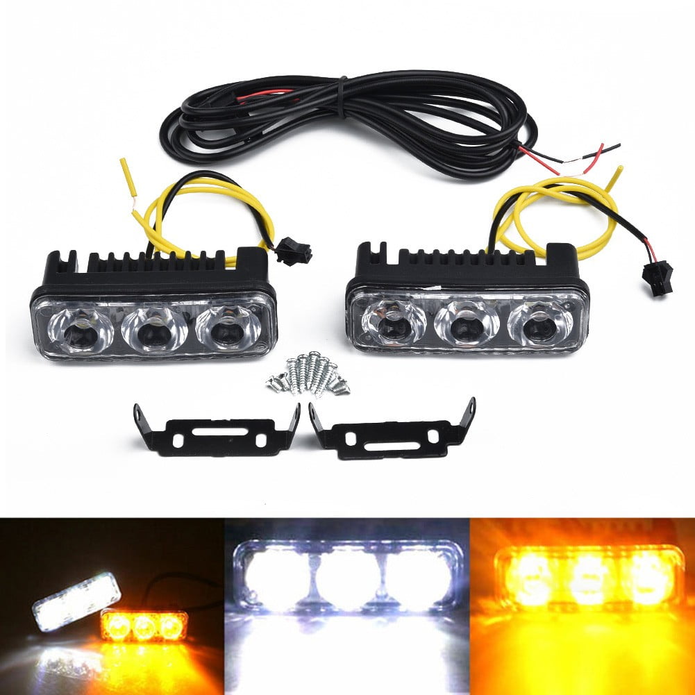 2*Car Daytime Running Lights 3-LED White DRL Amber Turn Signal Front ...