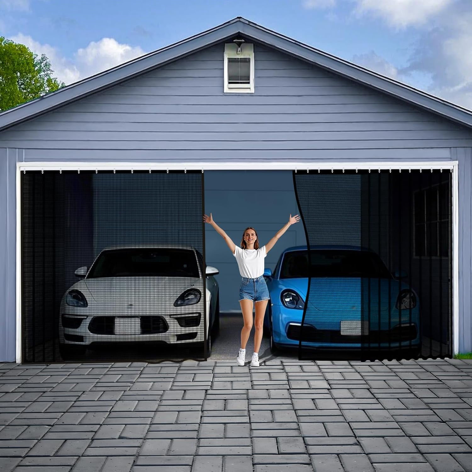 2 Car Sliding Garage Door Screen with Track Closure, 16x7Ft Retractable ...