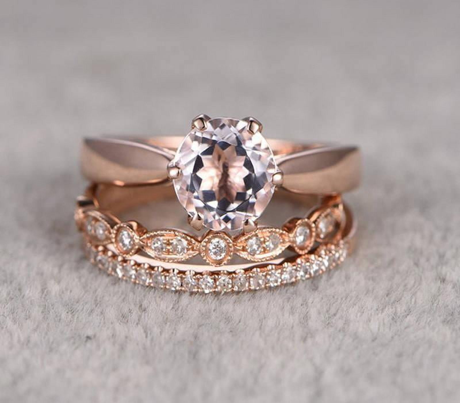 2 Carat 6mm Round Cut Morganite Ring with Diamond Moissanite Trio Ring ...