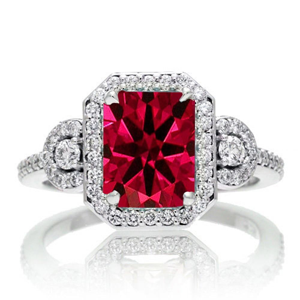 2 Carat 7mm Emerald Cut Red Ruby Halo Moissanite Diamond Ring on 10k ...