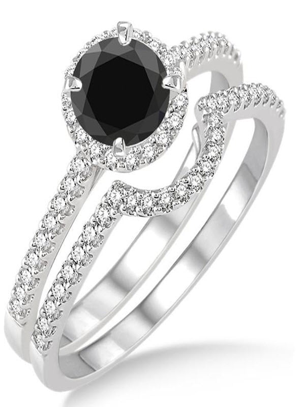 2 Carat Black Diamond Halo Bridal Set Engagement Ring on 10k White Gold ...