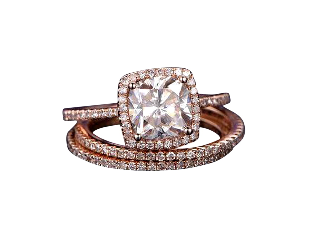 2 Carat Cushion Cut Diamond Moissanite Halo Engagement Ring Trio Ring ...