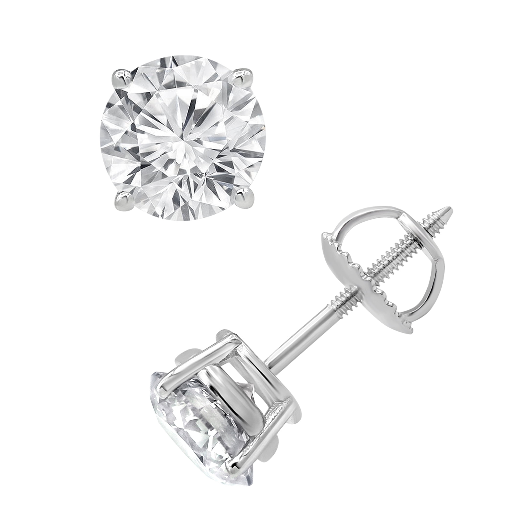 2 Carat Lab Grown Round Diamond Stud Earrings 14K White Gold Screw ...