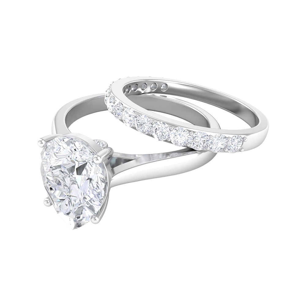 2 Carat Moissanite Solitaire Engagement Ring with Wedding Band - 7x10 mm - D-VS1 Grade, 14K ...