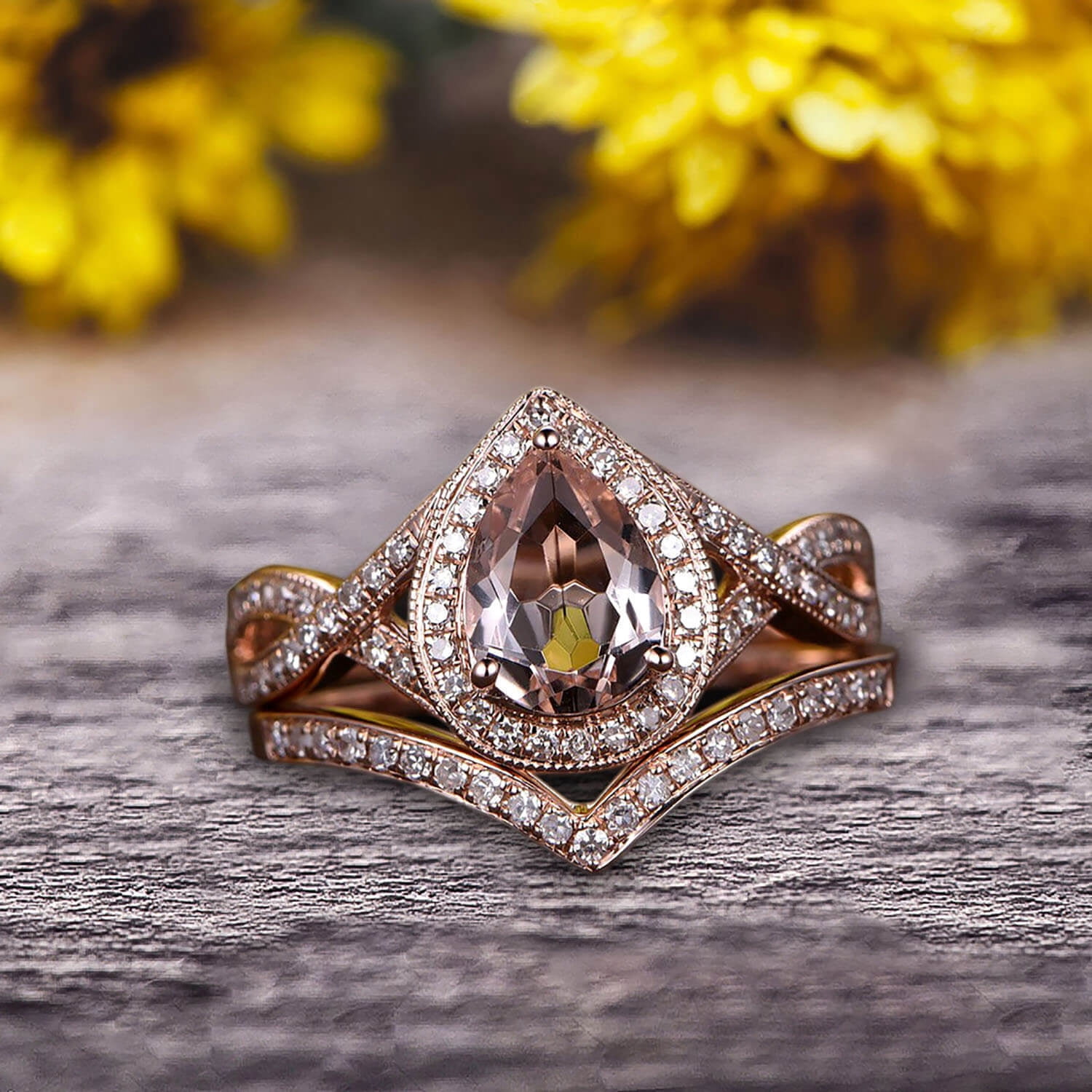 2 Carat Pear Shape Natural Pink Morganite Ring Set On 10k Rose Gold ...