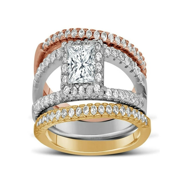 2 Carat Princess cut Tri Color White, Rose and Yellow Gold Trio Wedding ...