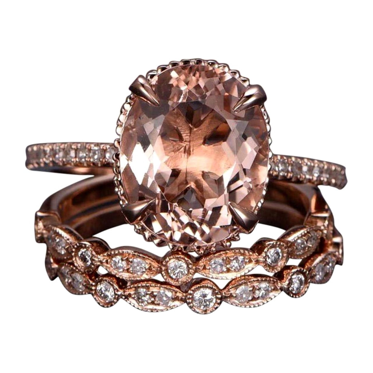 2 Carat Real Morganite And Diamond Moissanite Trio Ring Set With One ...