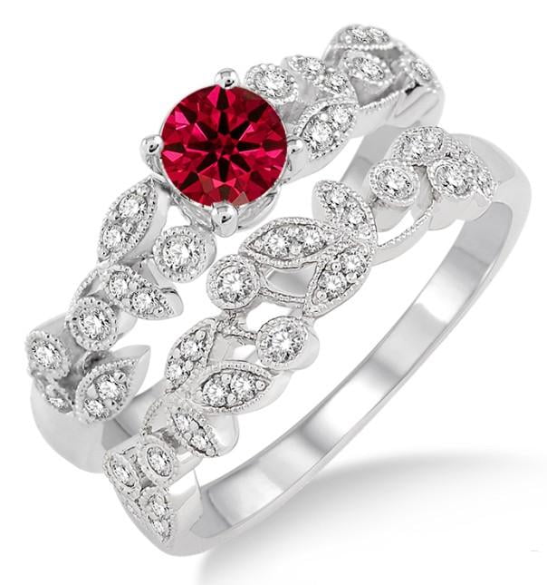 2 Carat Red Ruby 6mm Round Cut Moissanite Diamond Antique Flower Bridal ...