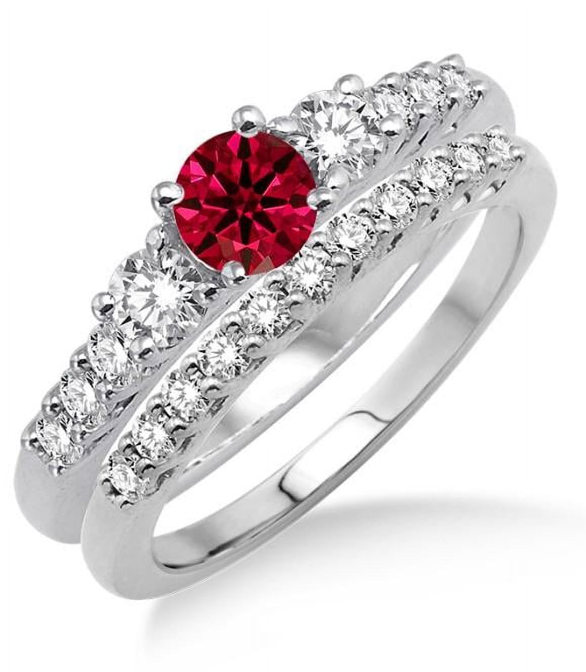 2 Carat Red Ruby Diamond Moissanite Round Cut Trilogy Bridal Set on 10k ...