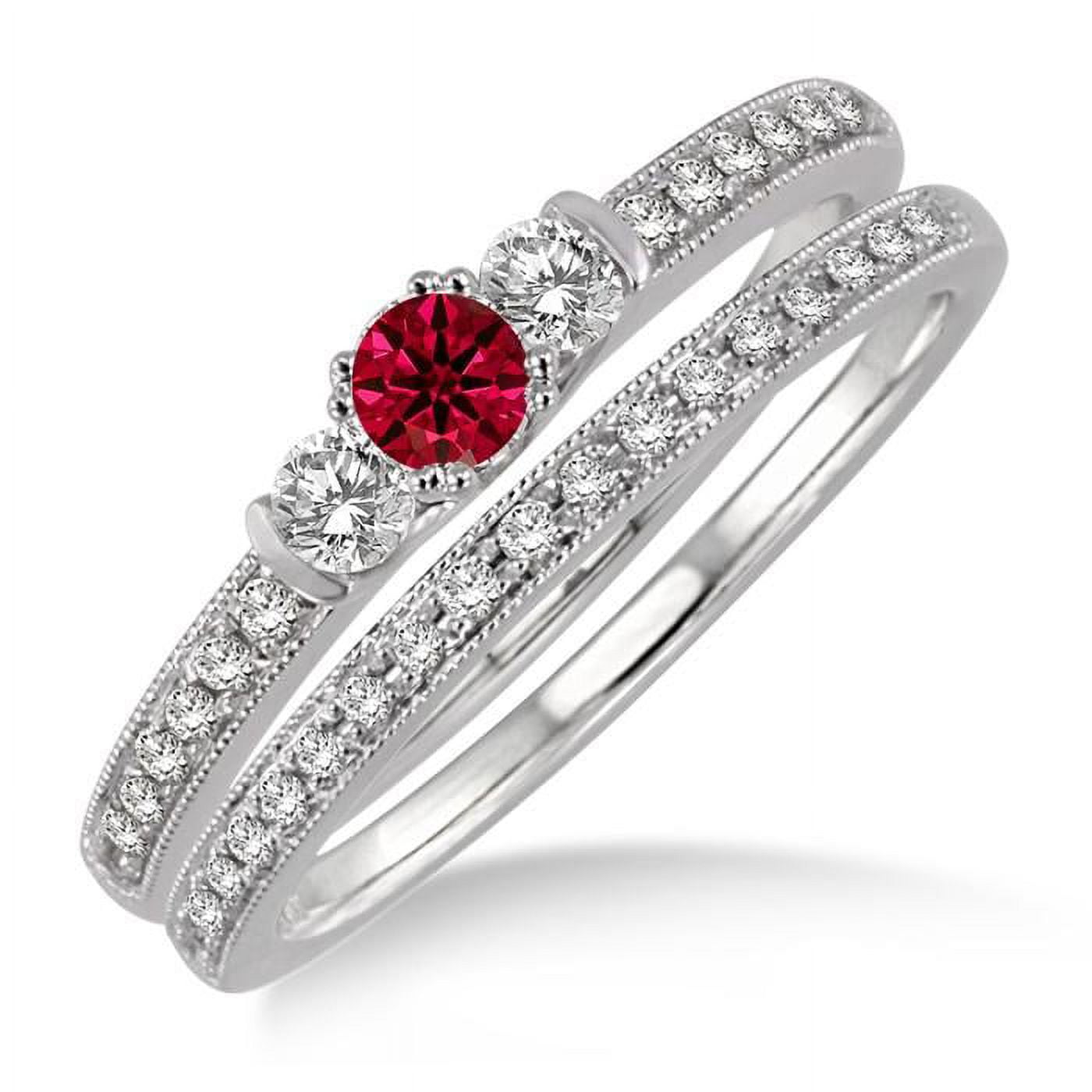 2 Carat Red Ruby Round Cut Moissanite Diamond Bridal Set on 10k White ...