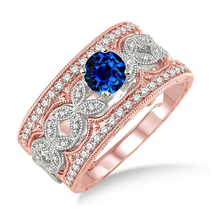 2 Carat Round Cut Blue Sapphire And Diamond Moissnaite Antique Trio ...