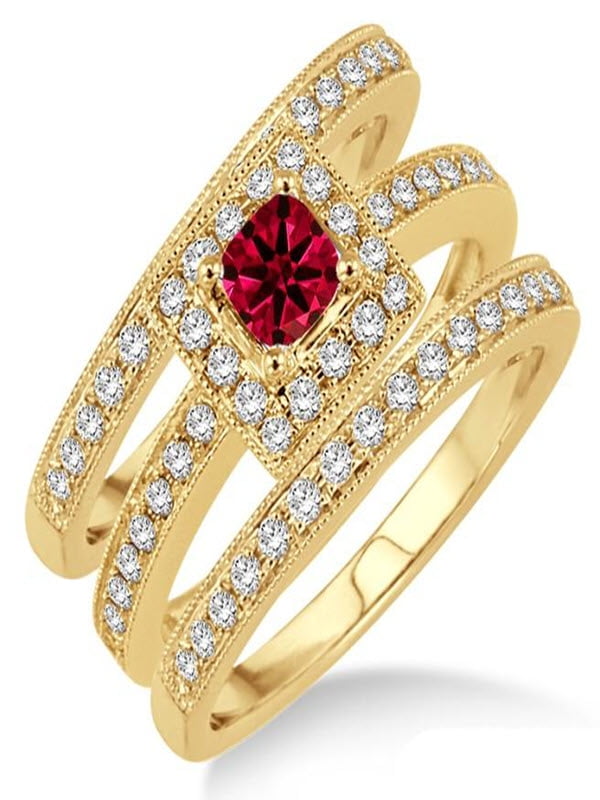 2 Carat Ruby & Diamond Trio set Halo Ring with Princes Cut diamond on ...