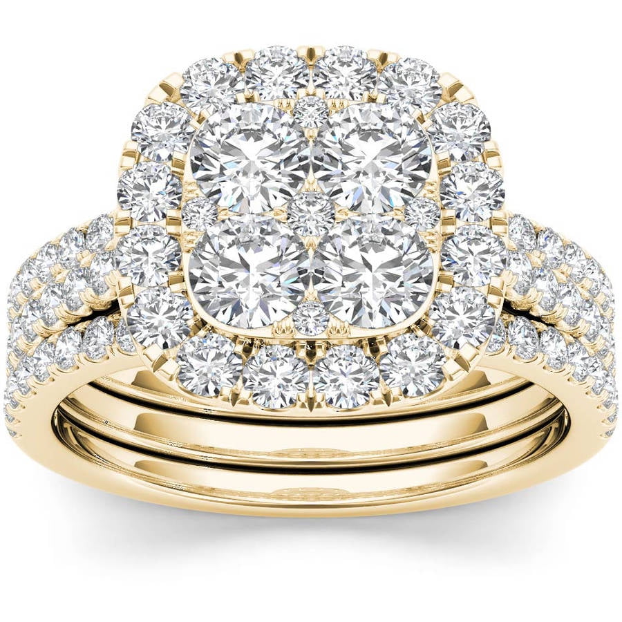 2 Carat T.W. Diamond Single Halo Cluster Two-Band 14kt Yellow Gold ...