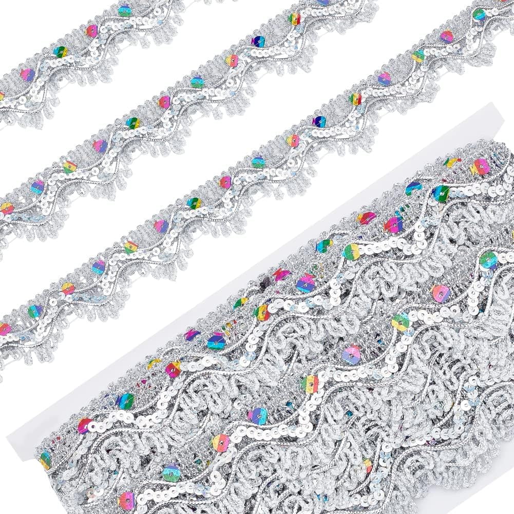 2 Cards Wave-Shaped Polyester Ribbons with Colorful Sequins Silver 1-3/ ...