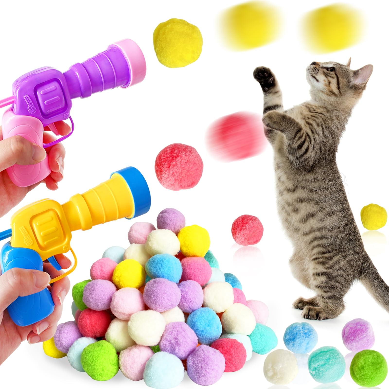 2 Cat Toy Launchers & 100 Cat Pom Pom Balls,Cat Toys Balls Launcher ...