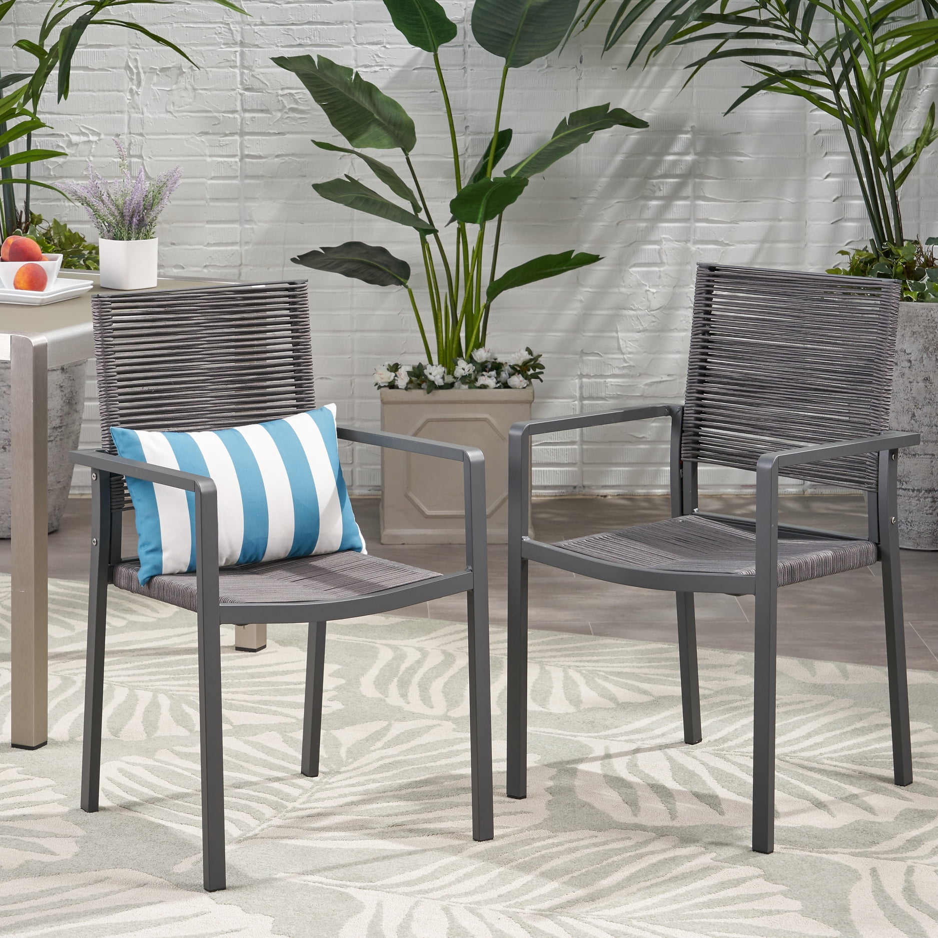 2 Chairs Outdoor Dining With Gray And Dark Rope Weave Seat, Aluminum ...