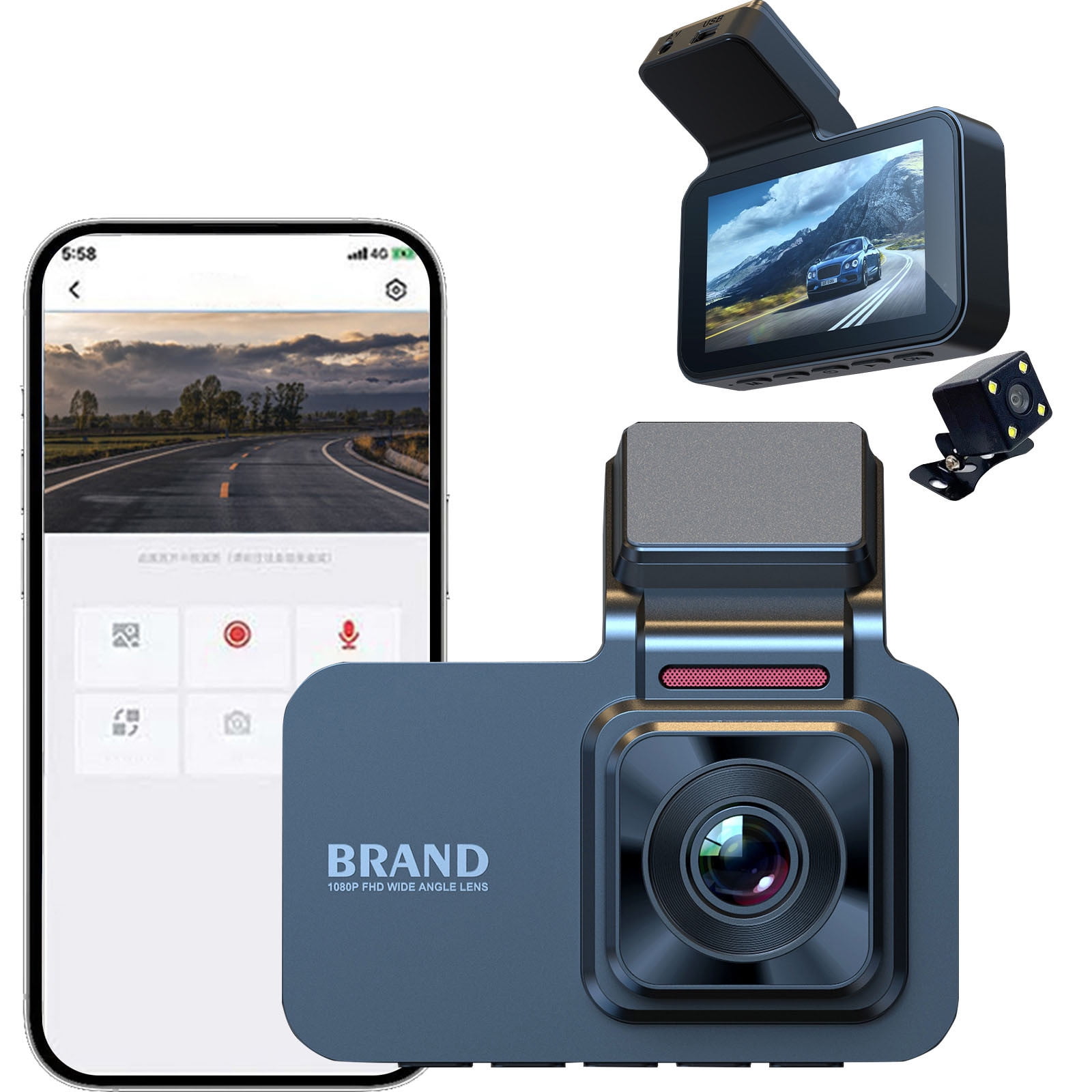2 Channel WiFi Dash Cam, 3-inch Screen IR Night Vision, Front Rear ...