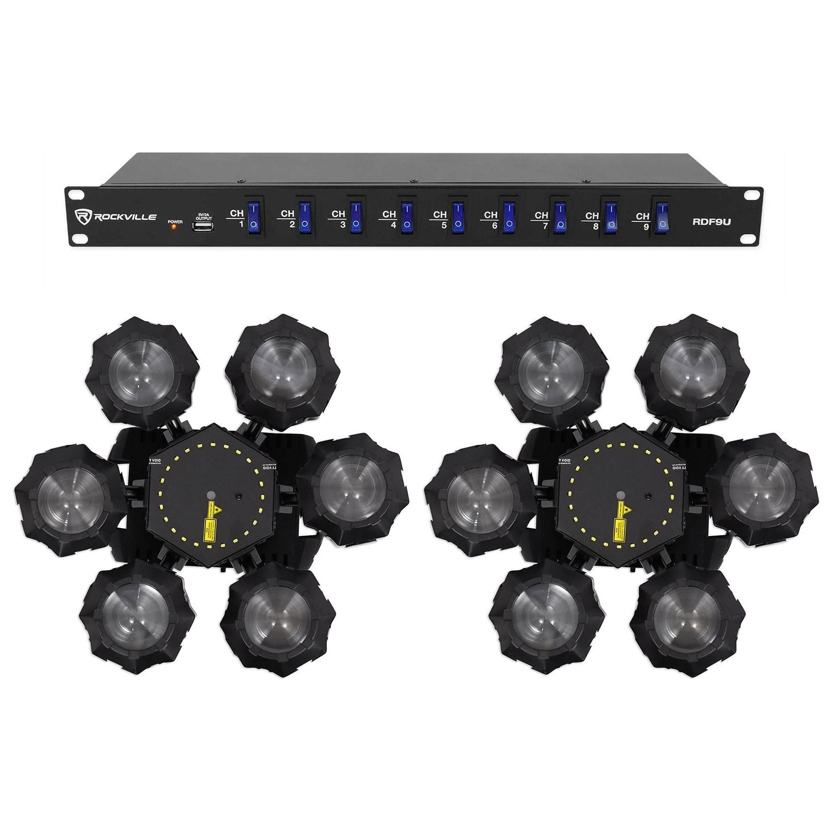 (2) Chauvet DJ Helicopter Q6 DMX Rotating Lights w/Strobes+Lasers+Power ...