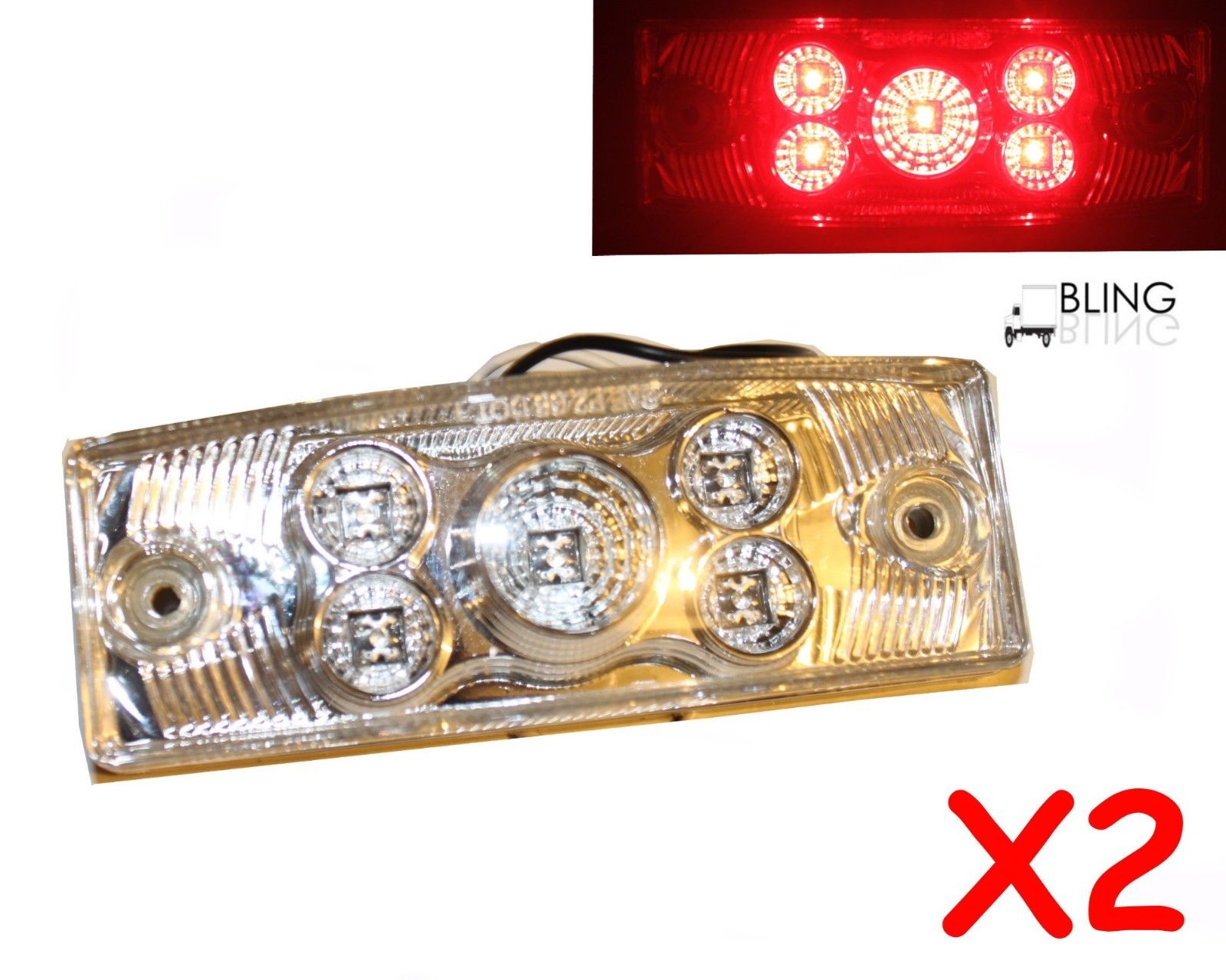 2 Clear Lens LED 6" RED Rectangular Rectangle CLEARANCE Side Marker ...