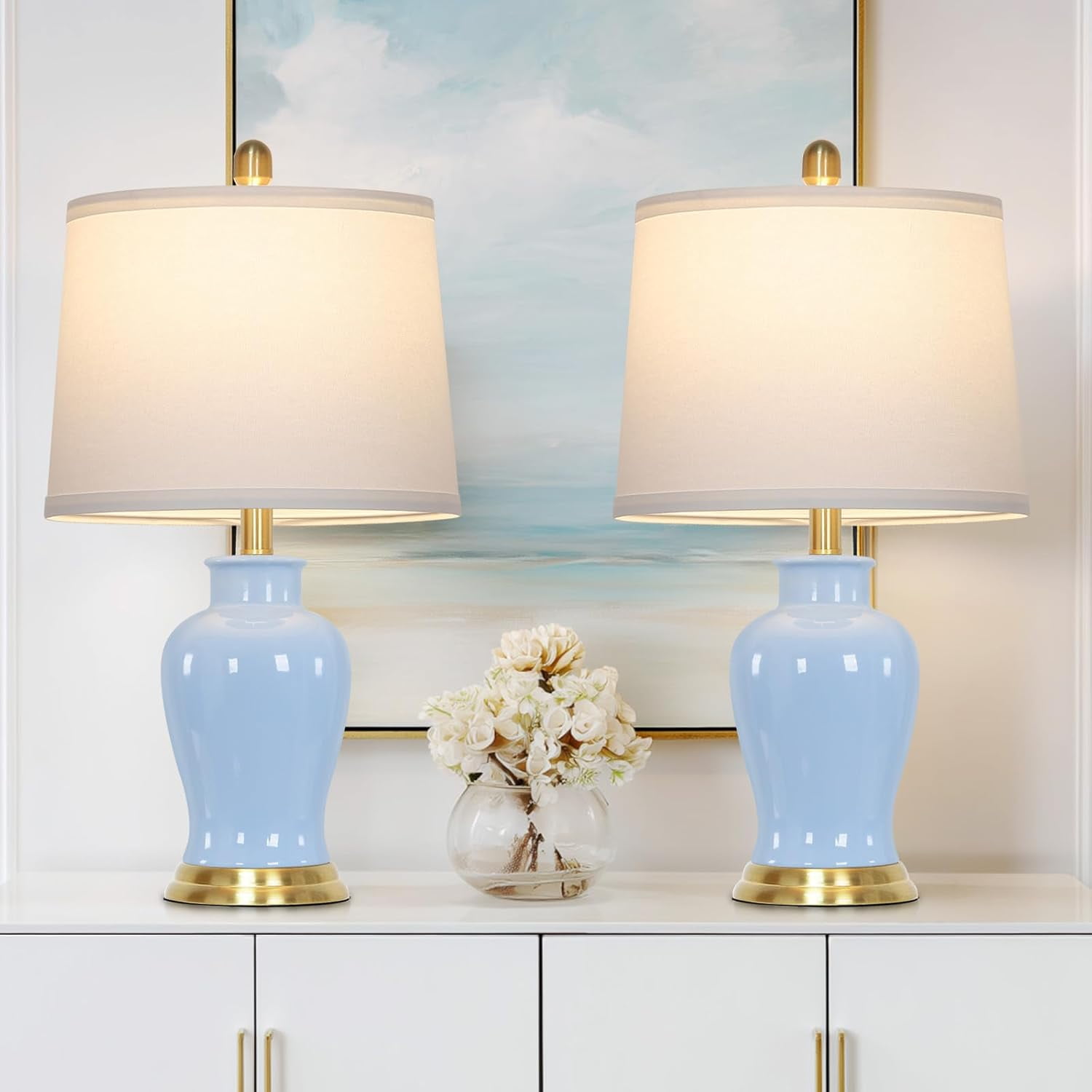 2, Coastal Ceramic Lamps for Living Room, Classic Bedside Lamp with ...