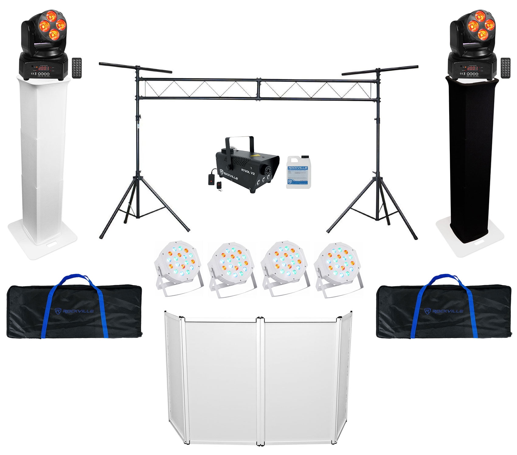 (2) Collapsible DJ Totem Stands+Facade+Par Lights+Moving Heads+Fogger ...